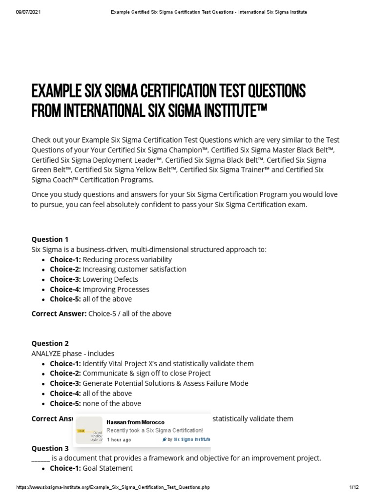 Example Certified Six Sigma Certification Test Questions ...