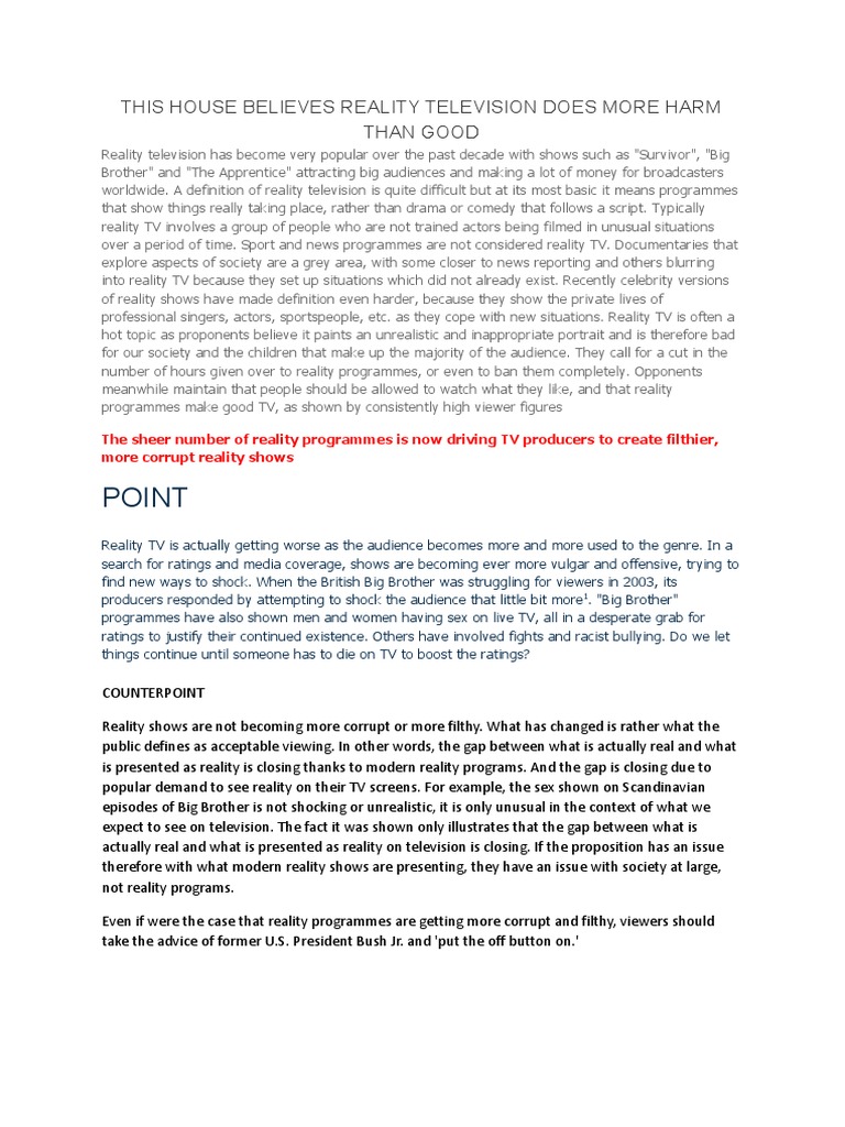 Reality TV: Harmful or Entertaining? | PDF | Reality Television ...