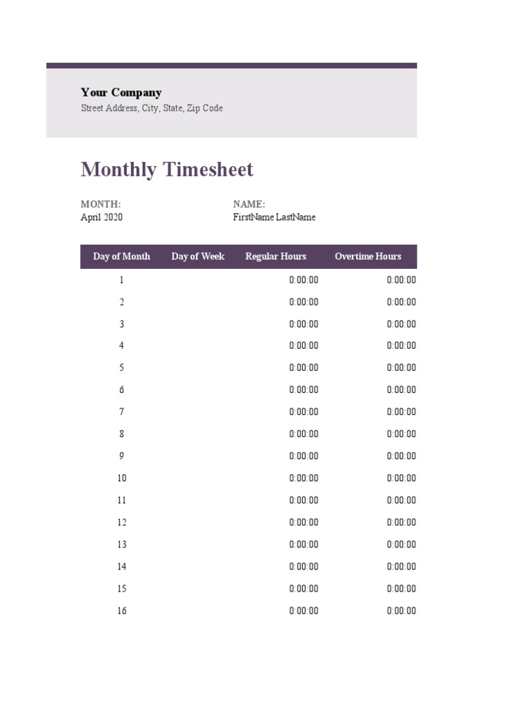 Monthly Timesheet Template - Google Sheets | PDF | Working Time ...