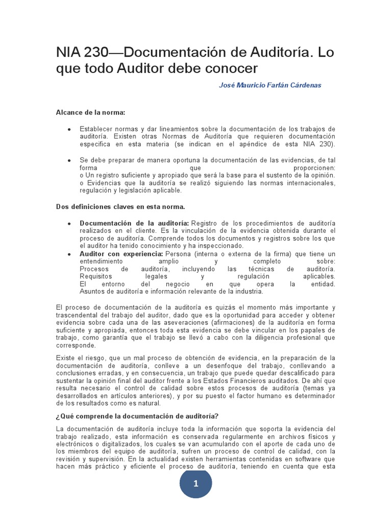 Nia 230 | PDF | Auditoría | Contralor