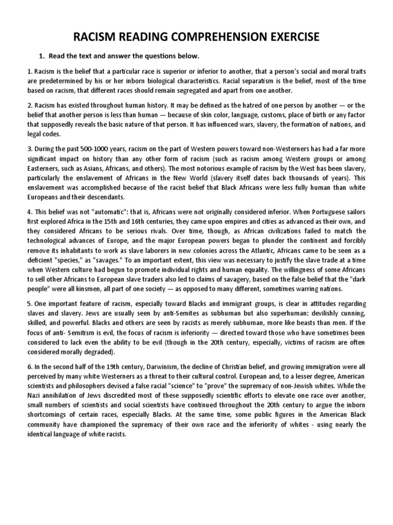 Racism Reading Comprehension Exercise: 1. Read The Text and Answer The Questions Below | PDF ...