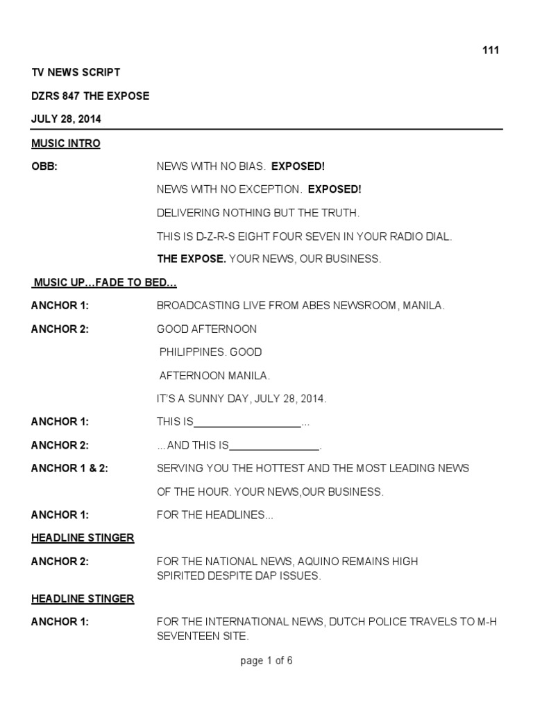 111 TV News Script Dzrs 847 The Expose JULY 28, 2014 Music Intro Obb ...