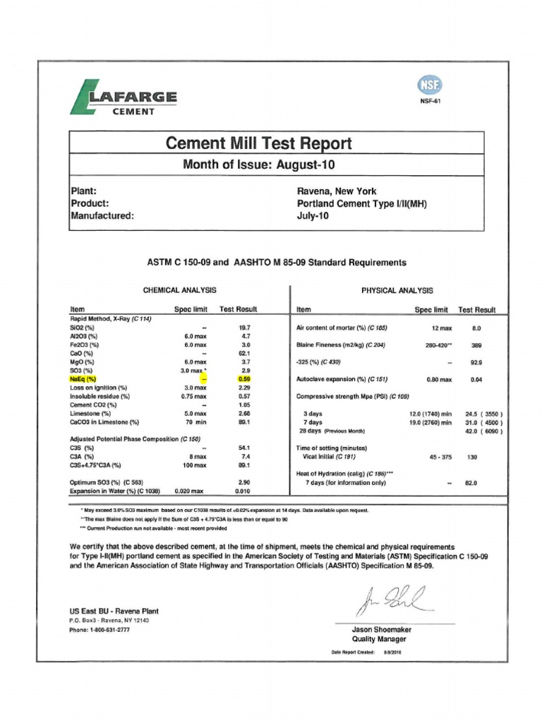 Portland Cement I-II Mill Cert | PDF | Composite Material | Civil ...