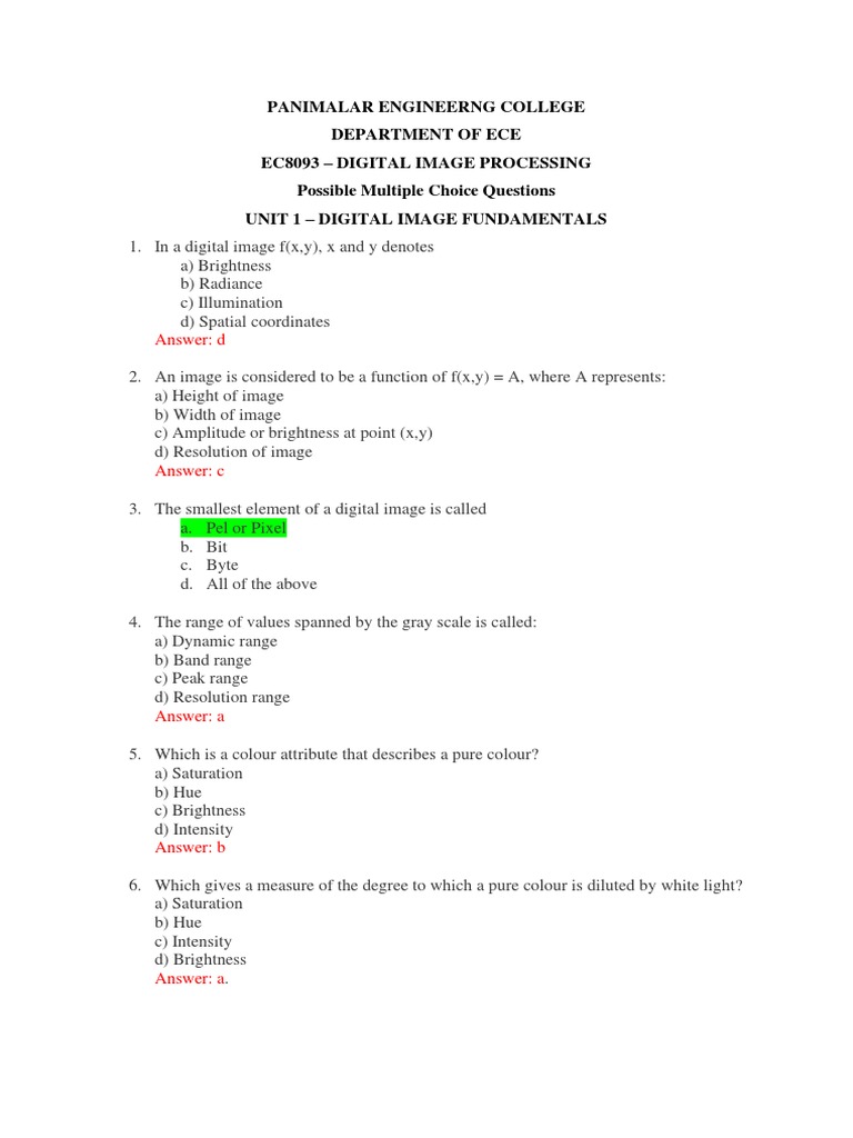 Multiple Choice Questions on Digital Image Fundamentals with Answers ...