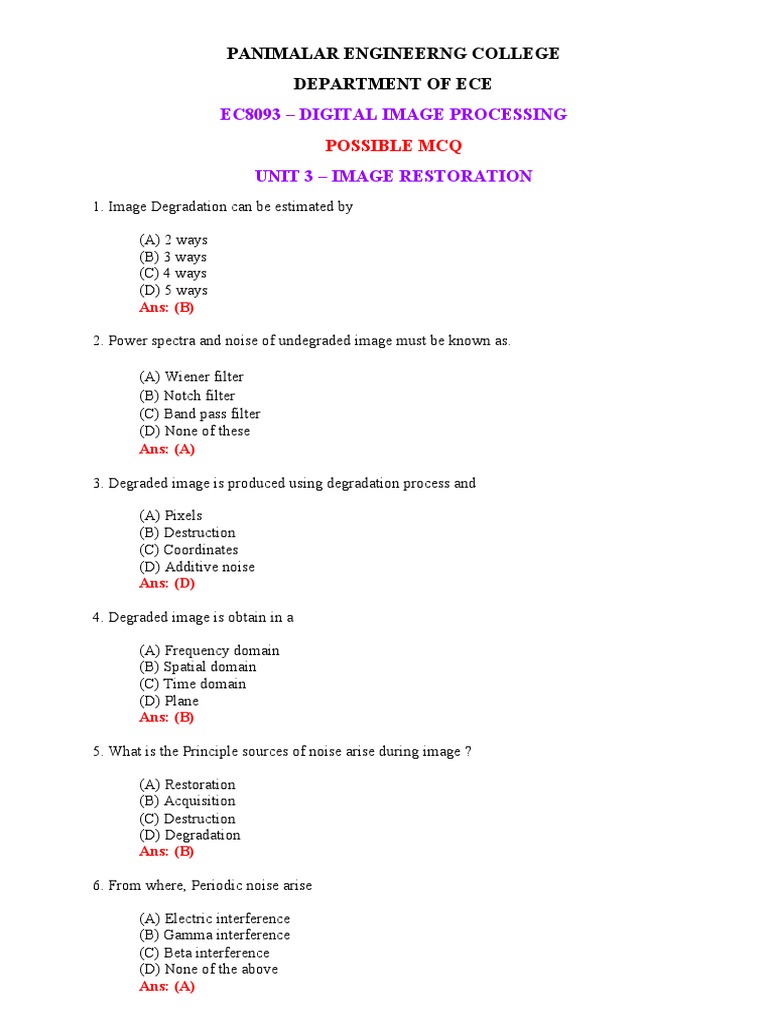 DIP Unit 3 MCQ. | PDF | Filter (Signal Processing) | Mean