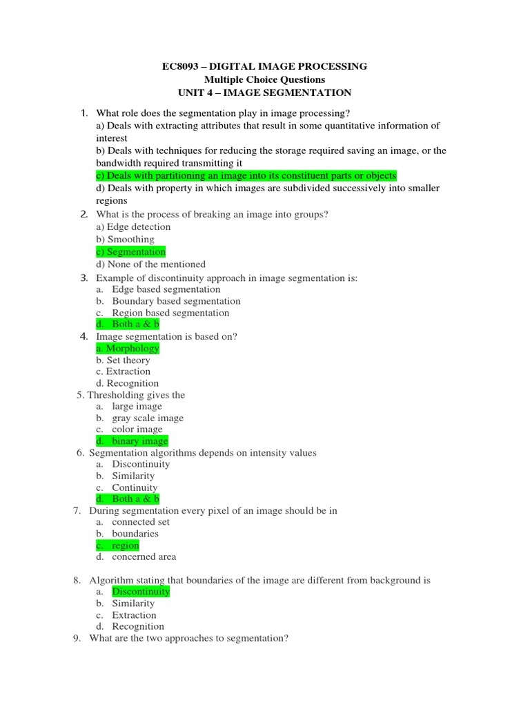 DIP Unit 4 MCQ | PDF | Image Segmentation | Digital Signal Processing
