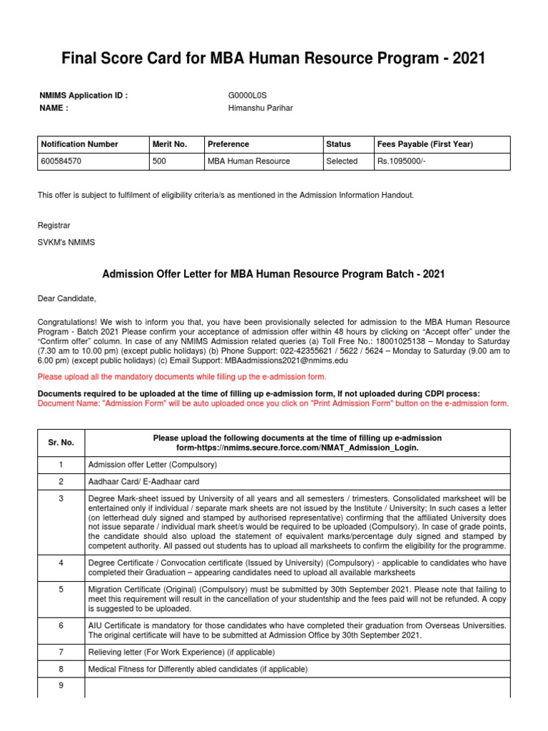 Final Score Card For MBA Human Resource Program - 2021 | PDF ...