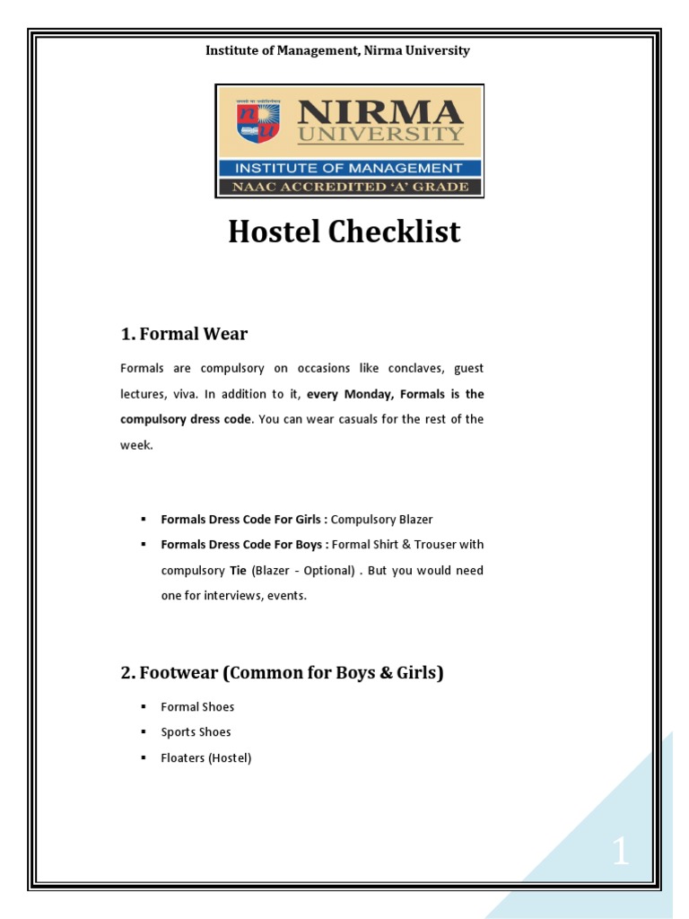 Hostel Checklist: 1. Formal Wear | PDF | Clothing | Business