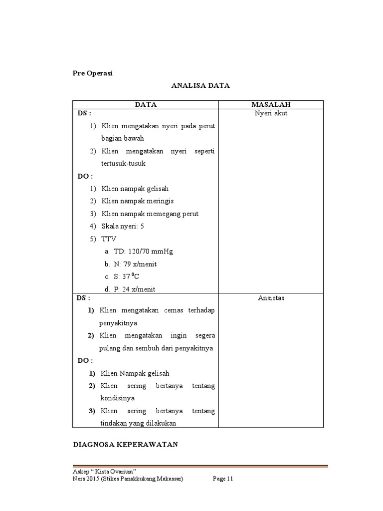 Pre Op Analisa Data Intervensi Dan Implementasi Kista Ovarium | PDF