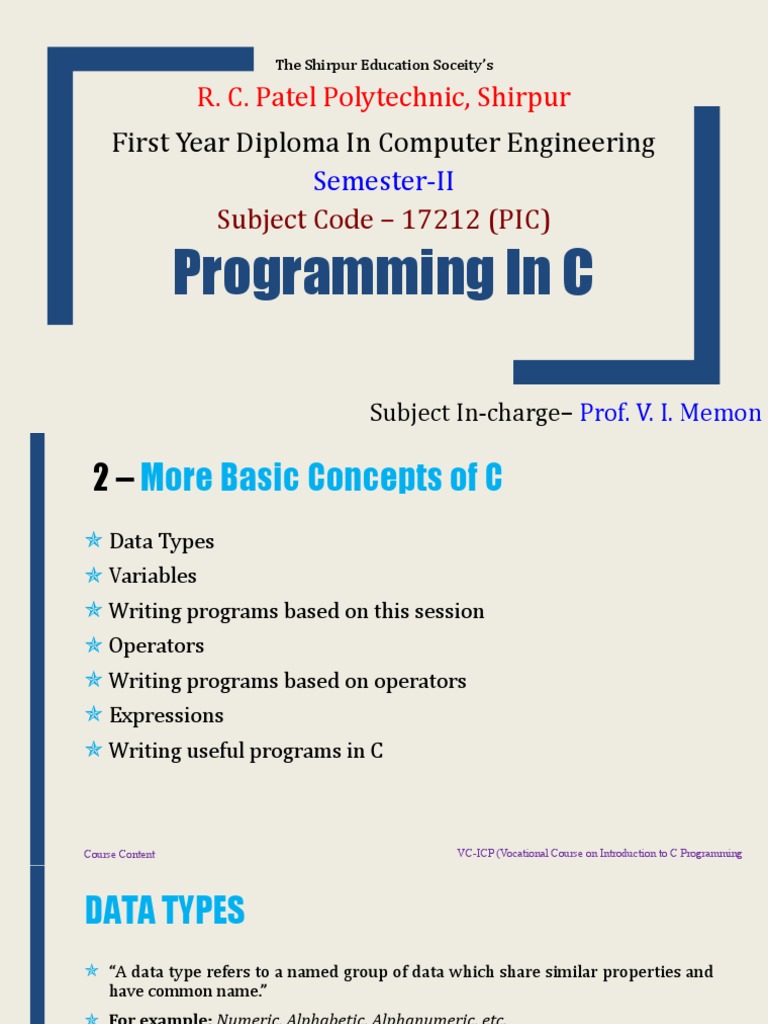R. C. Patel Polytechnic, Shirpur: First Year Diploma in Computer Engineering | PDF | Data Type ...