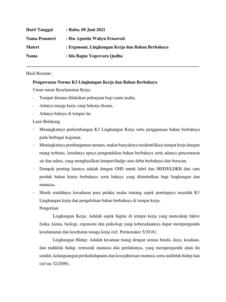 RESUME MATERI Ergonomi, Lingkungan Kerja Dan Bahan Berbahaya IDA BAGUS YOGESVARA QADHA | PDF