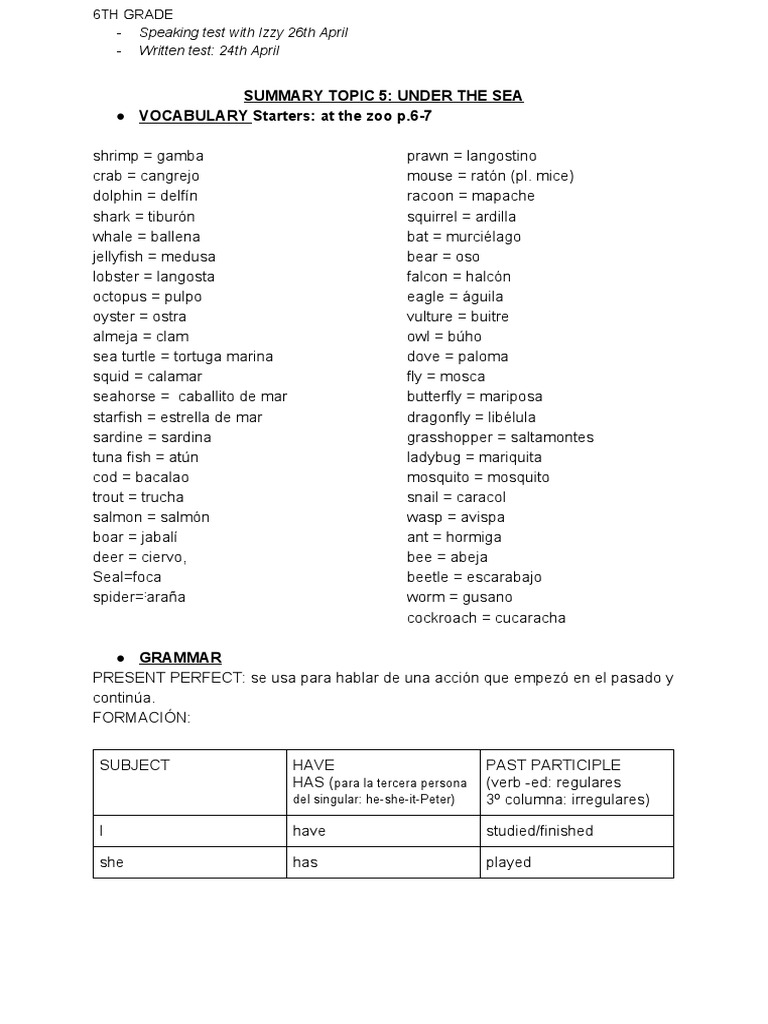 Summary Topic 5: Under The Sea Vocabulary: - Speaking Test With Izzy ...