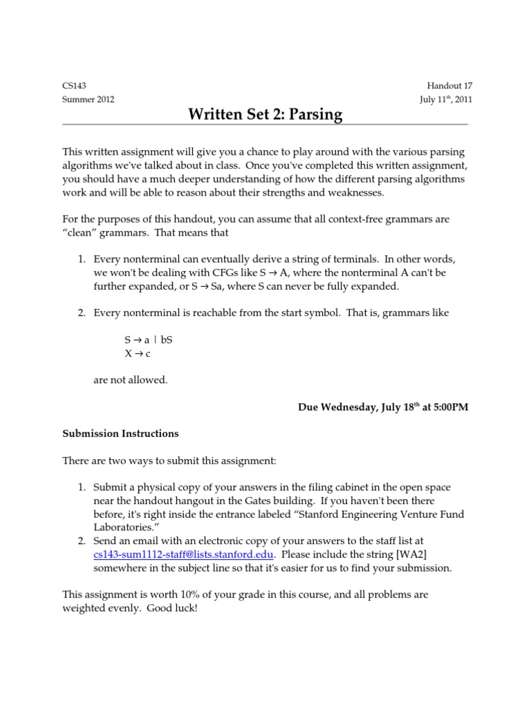 Written Set 2: Parsing: CS143 Handout 17 Summer 2012 July 11, 2011 | PDF | Parsing | String ...