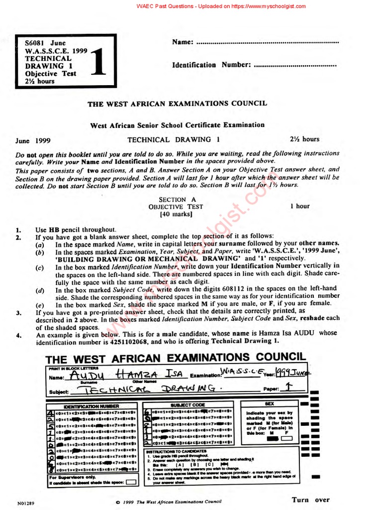 Waec Technical Drawing June 1999 Paper 1 | PDF