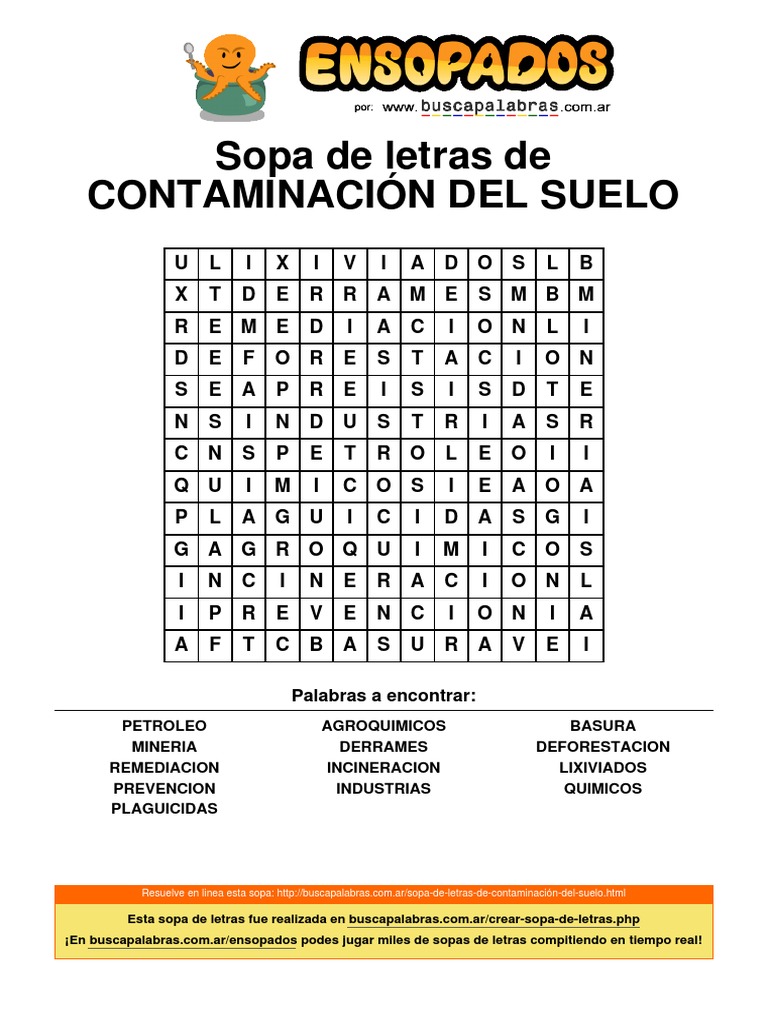 Sopa de Letras de Contaminación Del Suelo | PDF