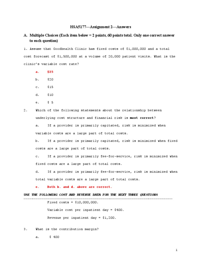 HSA5177 - Assignment 2 - Answers A. Multiple Choices (Each Item Below 2 ...