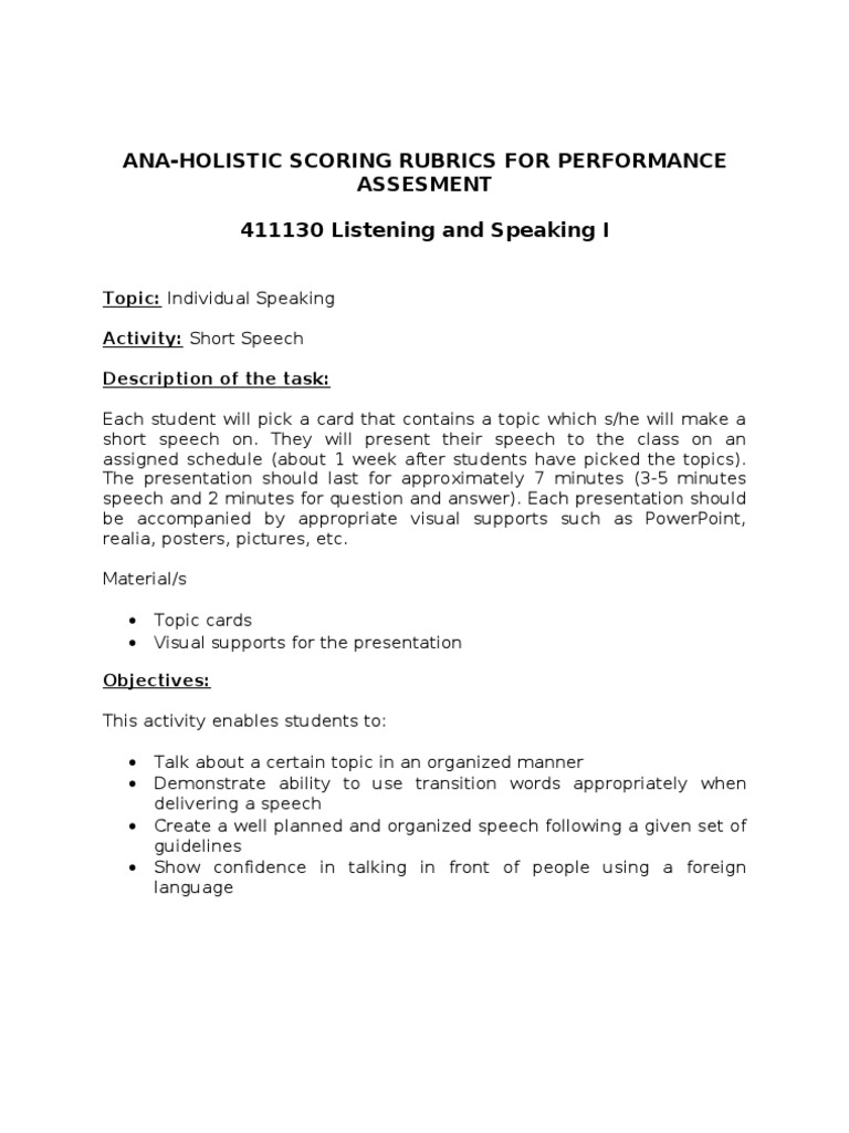 Ana-Holistic Scoring Rubrics For Performance Assesment 411130 Listening and Speaking I | PDF ...