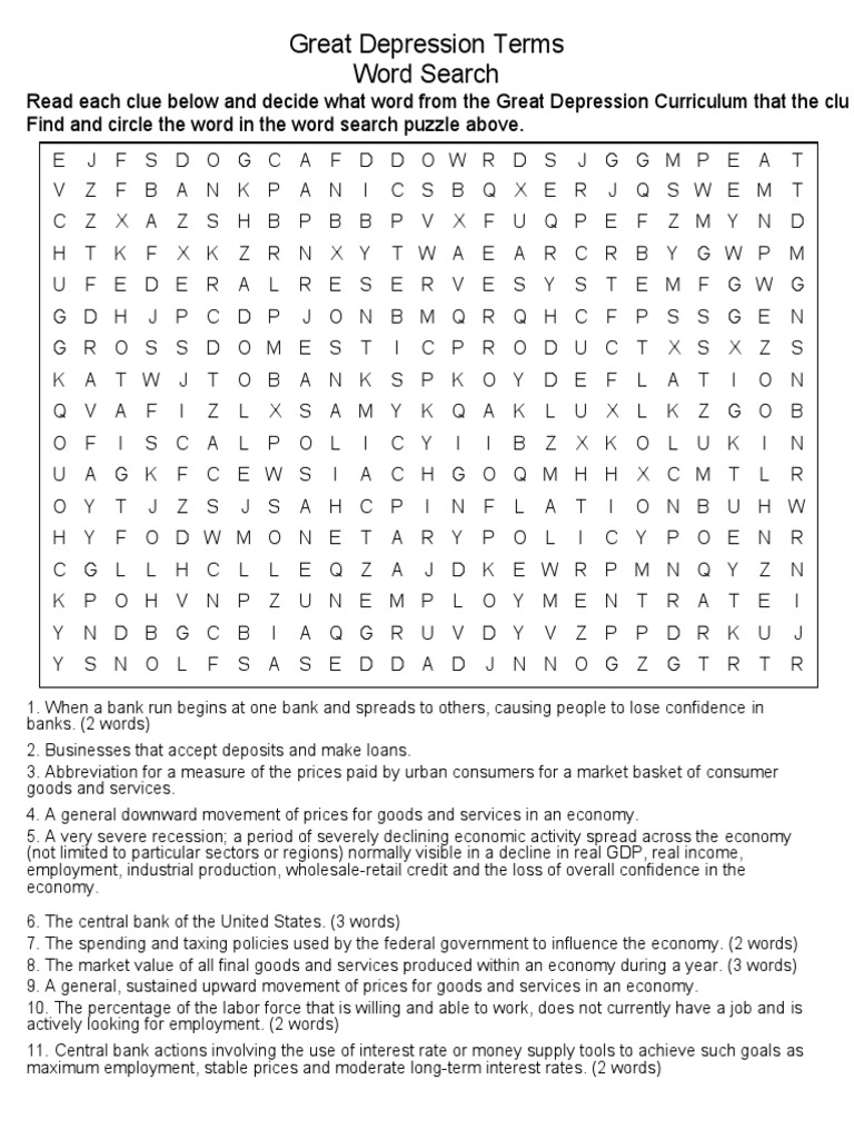 Great Depression Terms Word Search | PDF | Banks | Money