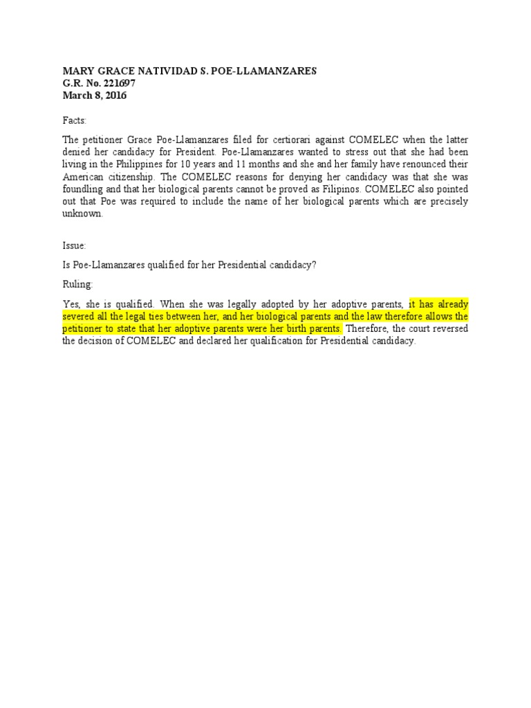 Mary Grace Natividad S. Poe-Llamanzares G.R. No. 221697 March 8, 2016 | PDF