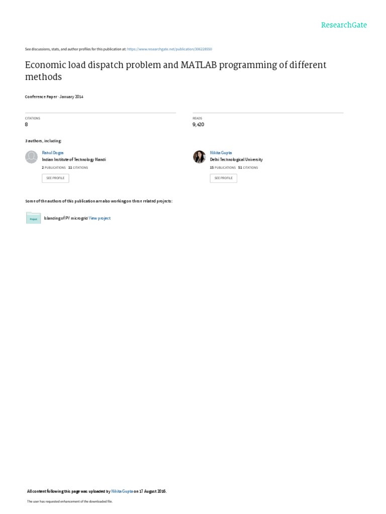 Economic Load Dispatch Problem And Matlab Pdf Mathematical Optimization Analysis