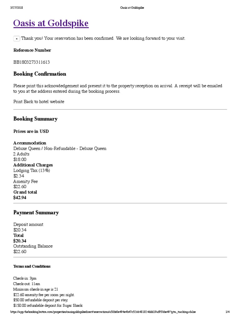 Oasis at Goldspike Booking Confirmation | PDF | Fee | Las Vegas