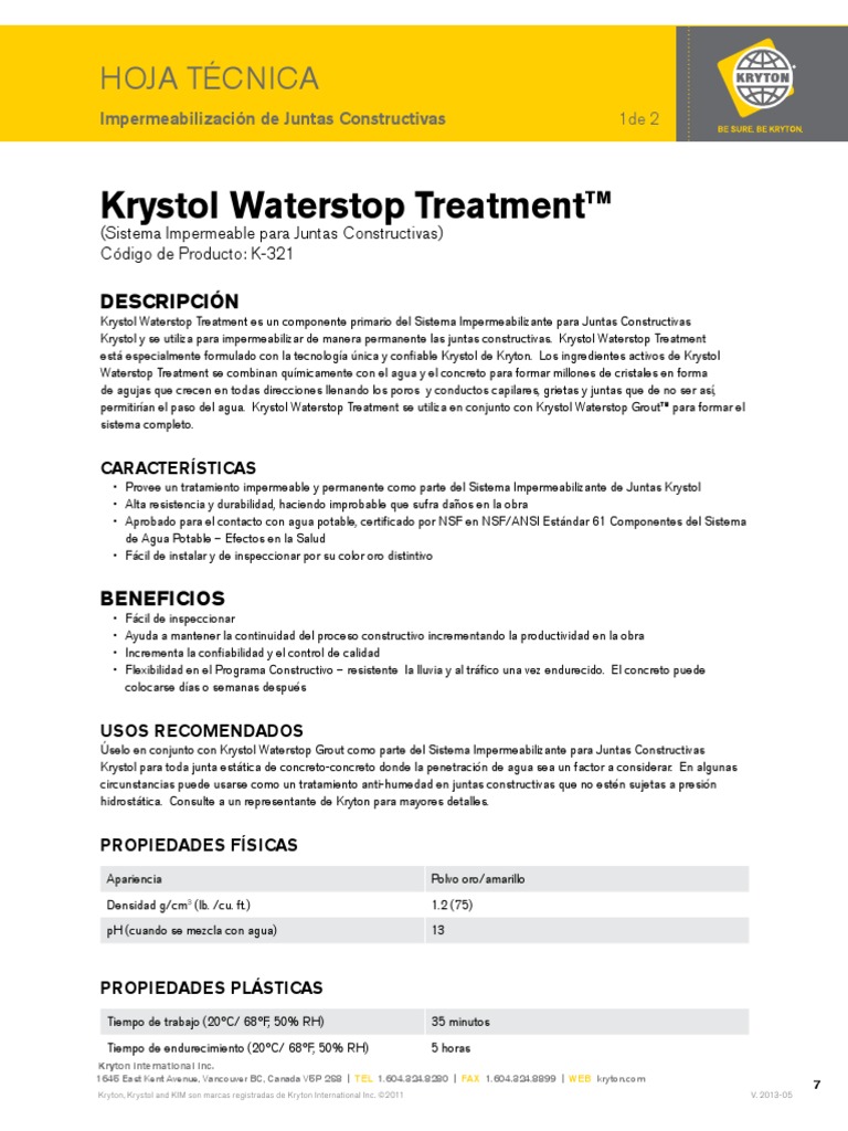 Technical Data Sheet - Krystol Waterstop Treatment - Spanish | PDF ...