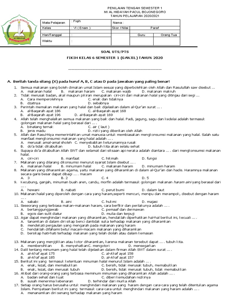 Soal PTS Ganjil Fikih Kelas 6.MI | PDF