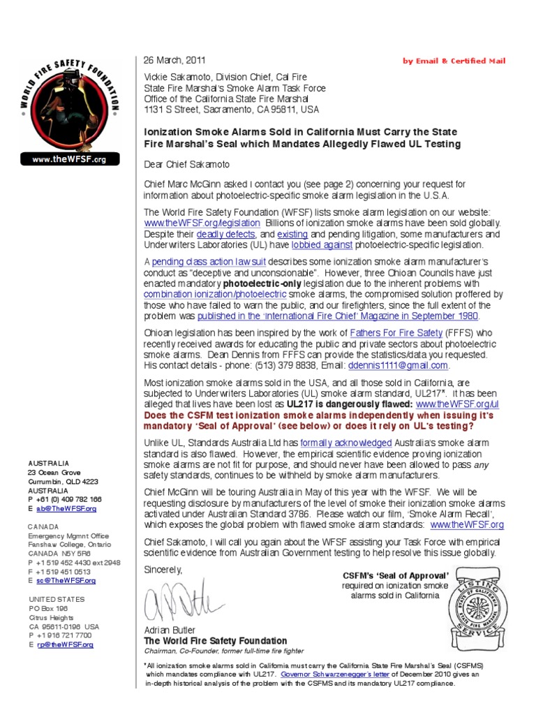 Certified Letter To California State Fire Marshal's Smoke Alarm Task ...