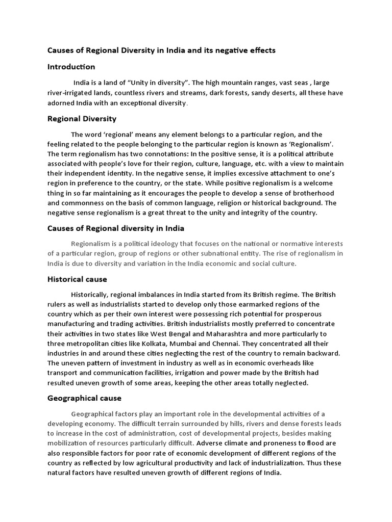 Causes of Regional Diversity in India | PDF | Multiculturalism ...