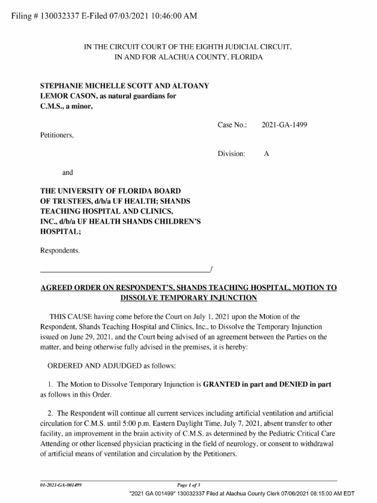 Agreed Order On Respondent's, Shands Teaching Hospital, Motion To ...