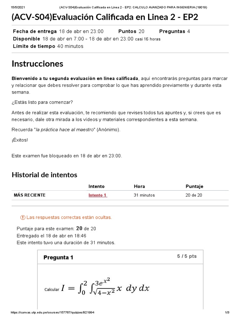 (ACV-S04) Evaluación Calificada en Linea 2 - EP2 - CALCULO AVANZADO PARA INGENIERIA (19019) 1 ...
