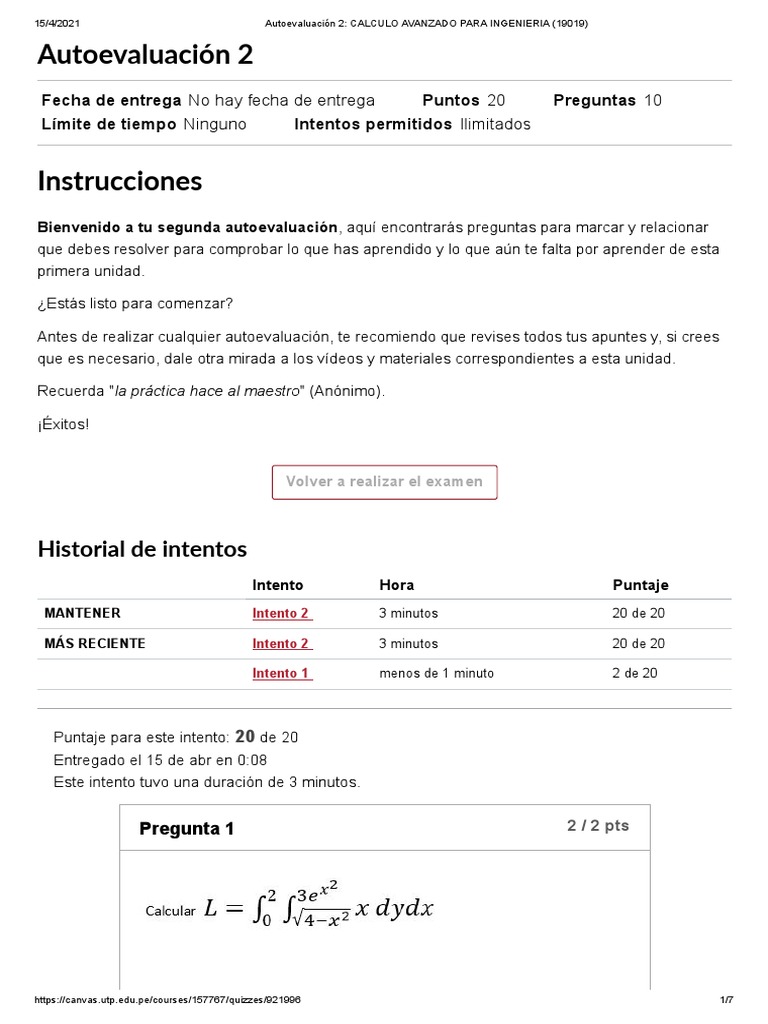 Autoevaluación 2 - CALCULO AVANZADO PARA INGENIERIA (19019) 33 | PDF | Ocio