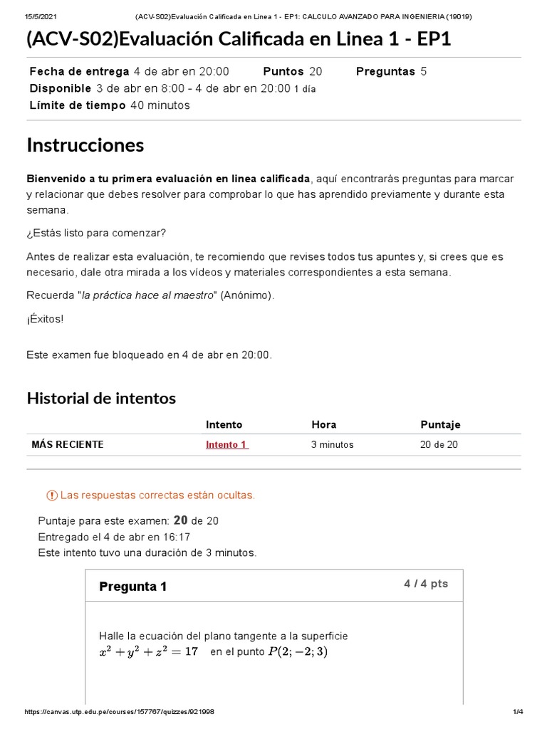 (Acv-S02) Evaluación Calificada en Linea 1 - Ep1 - Calculo Avanzado para Ingenieria (19019) 5 ...