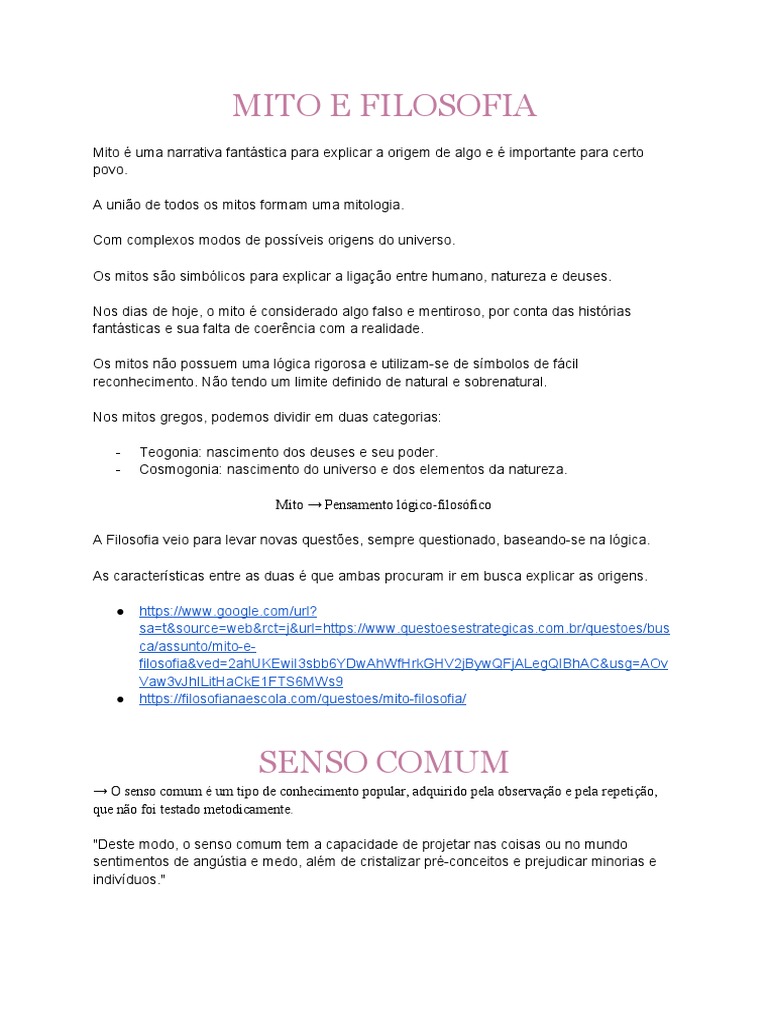 Filosofia, Mito e Senso Comum | PDF