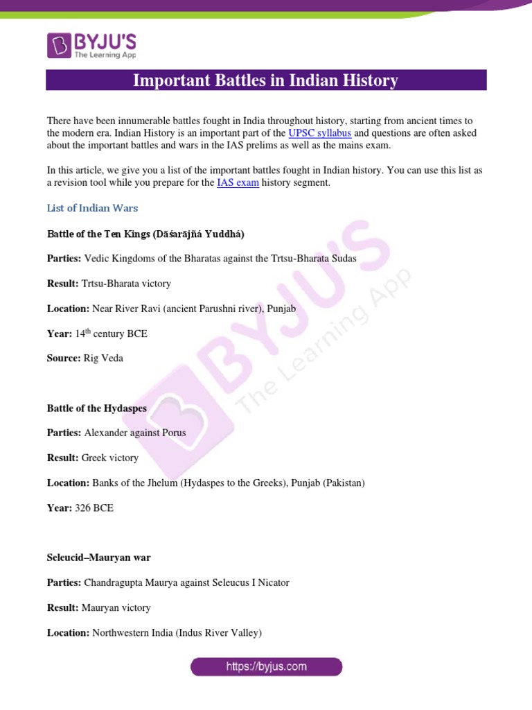 Important Battles in Indian History: List of Indian Wars | PDF | South ...