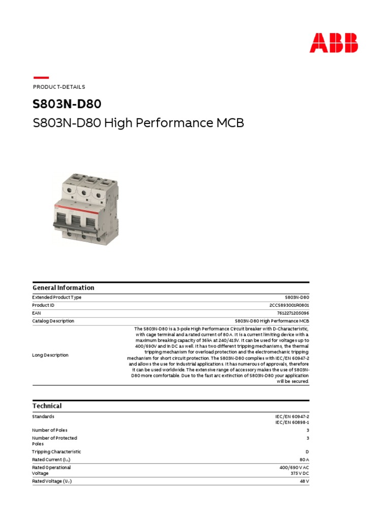 S803N-D80 High Performance MCB | PDF | Alternating Current | Power Supply