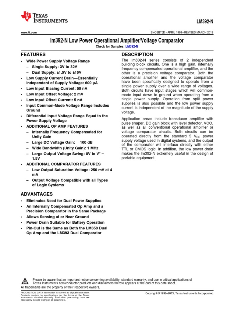 lm392-N Low Power Operational Amplifier/Voltage Comparator: Features ...