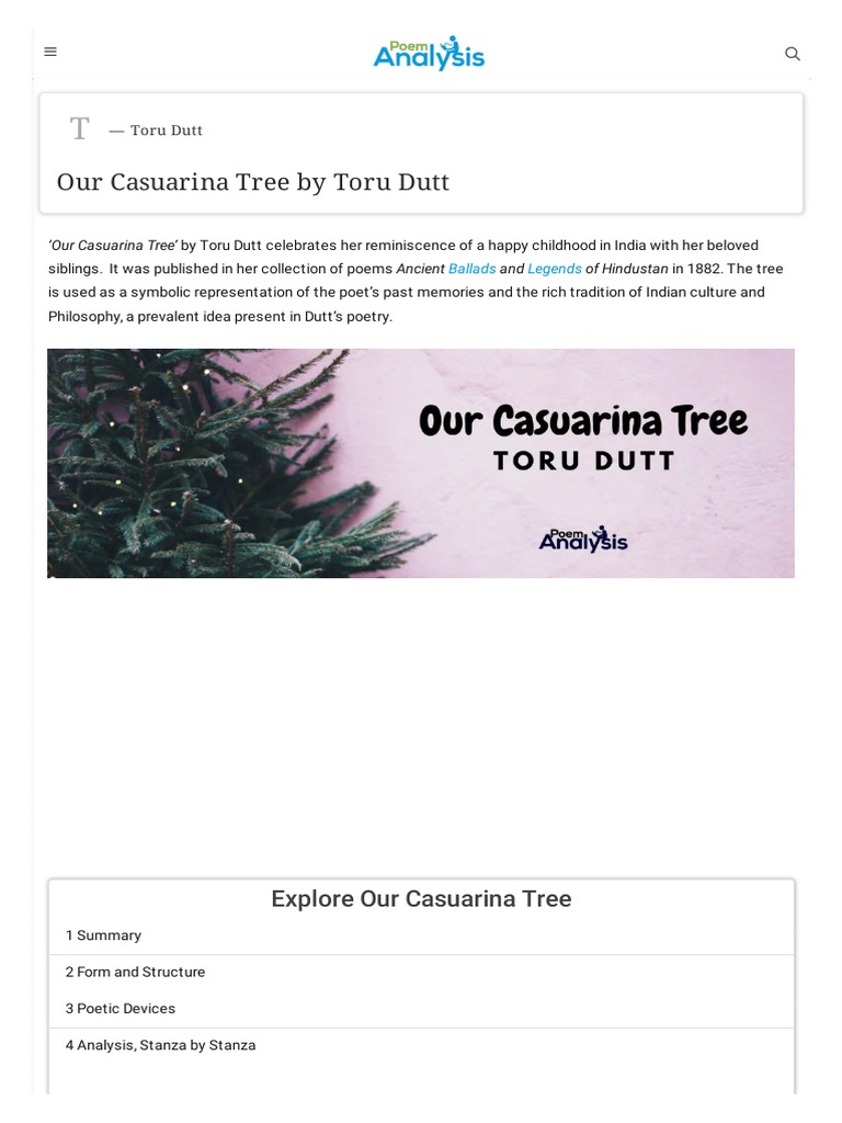 Our Casuarina Tree by Toru Dutt - Poem Analysis | PDF | Poetry