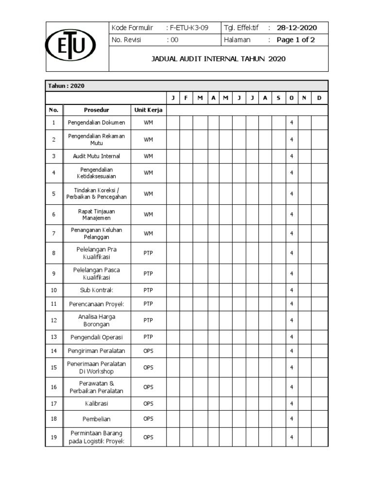 F-ETU-K3-09 Jadwal Audit Internal Tahunan 09-10 | PDF