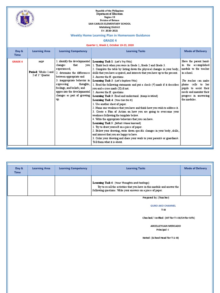 Weekly Home Learning Plan in Homeroom Guidance Grade 4 | PDF | Learning ...