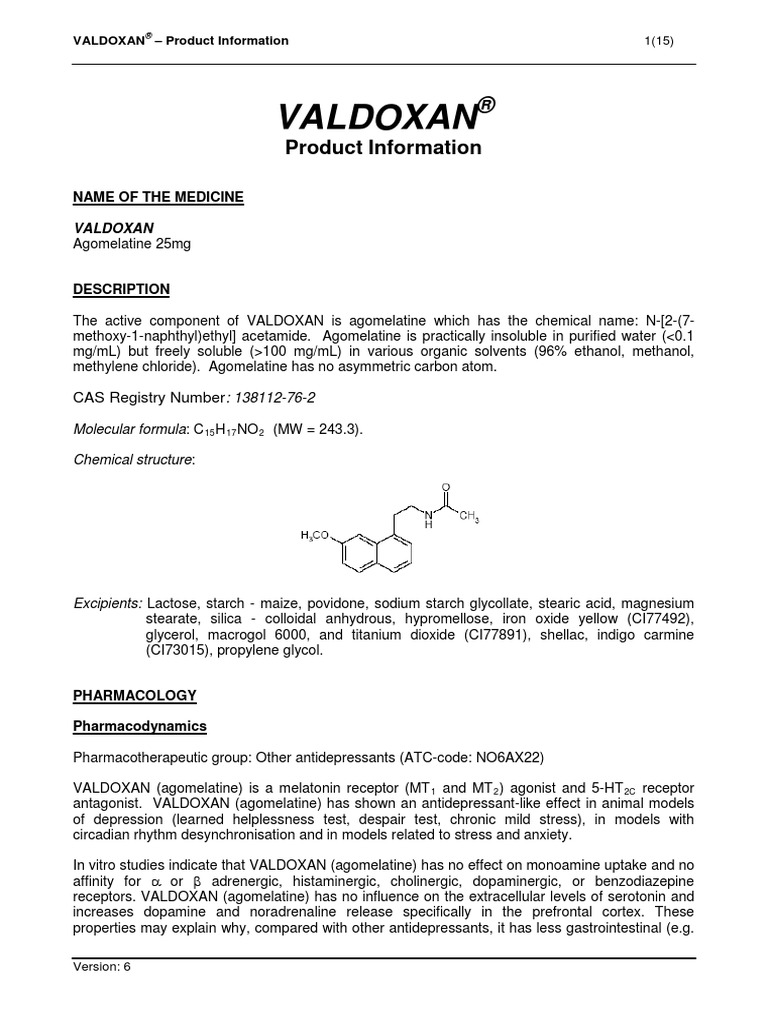 Valdoxan: Product Information | PDF | Antidepressant | Selective ...