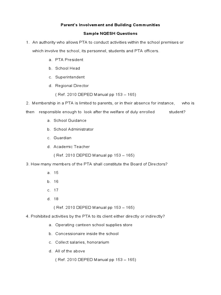 Parent's Involvement and Building Communities Sample NQESH Questions ...