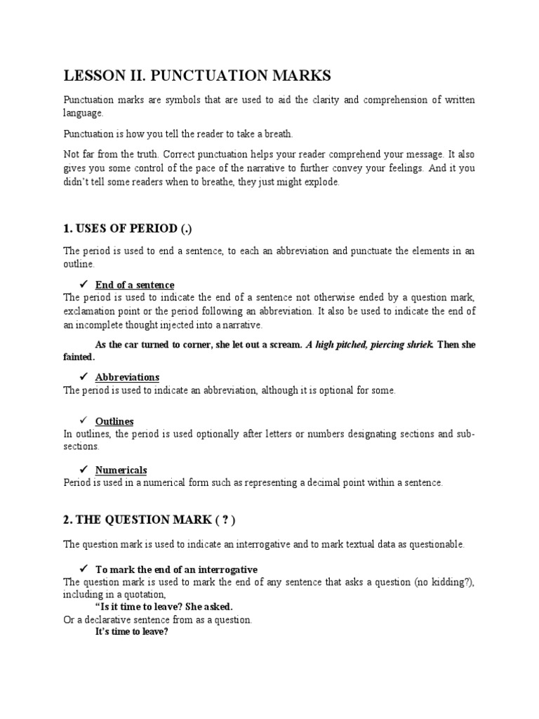 Lesson Ii. Punctuation Marks: 1. Uses of Period (.) | Download Free PDF | Bracket | Comma
