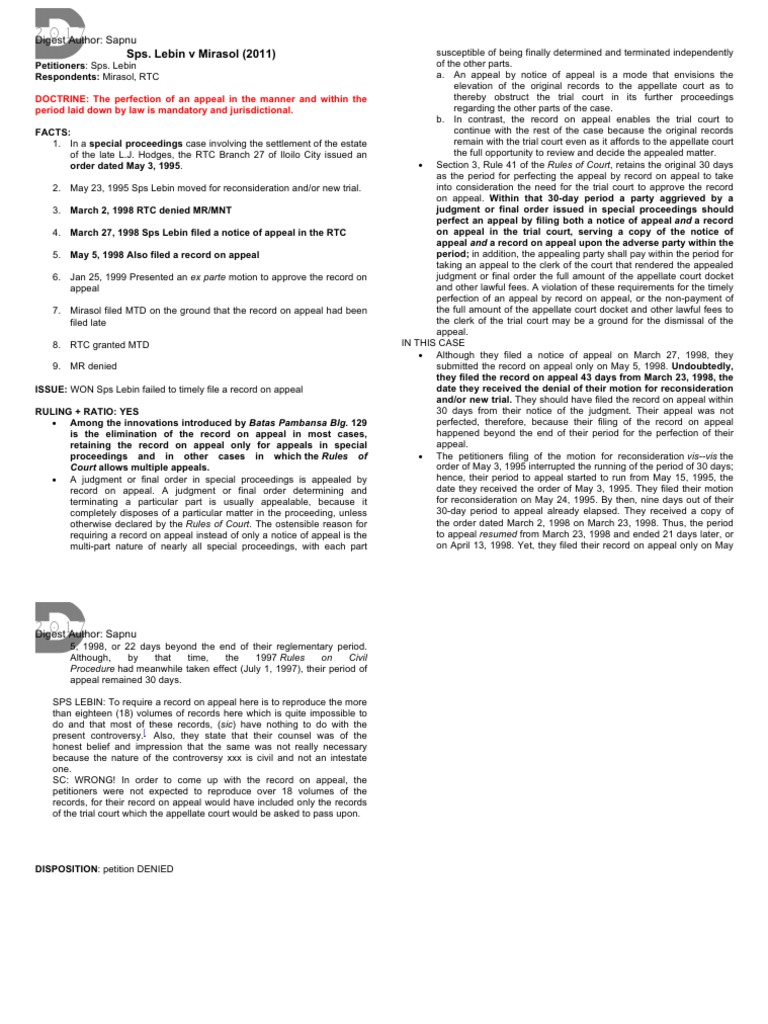 Sps. Lebin V Mirasol (2011) : Digest Author: Sapnu | PDF | Appeal ...