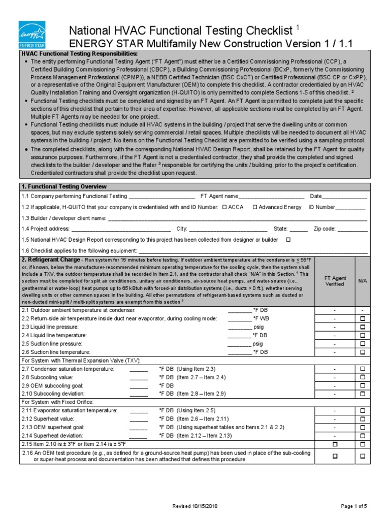 ENERGY STAR MFNC HVAC Functional Testing Checklist Version 1 - 1.1 ... ENERGY STAR MFNC HVAC Functional Testing Checklist Version 1 - 1.1 ...
