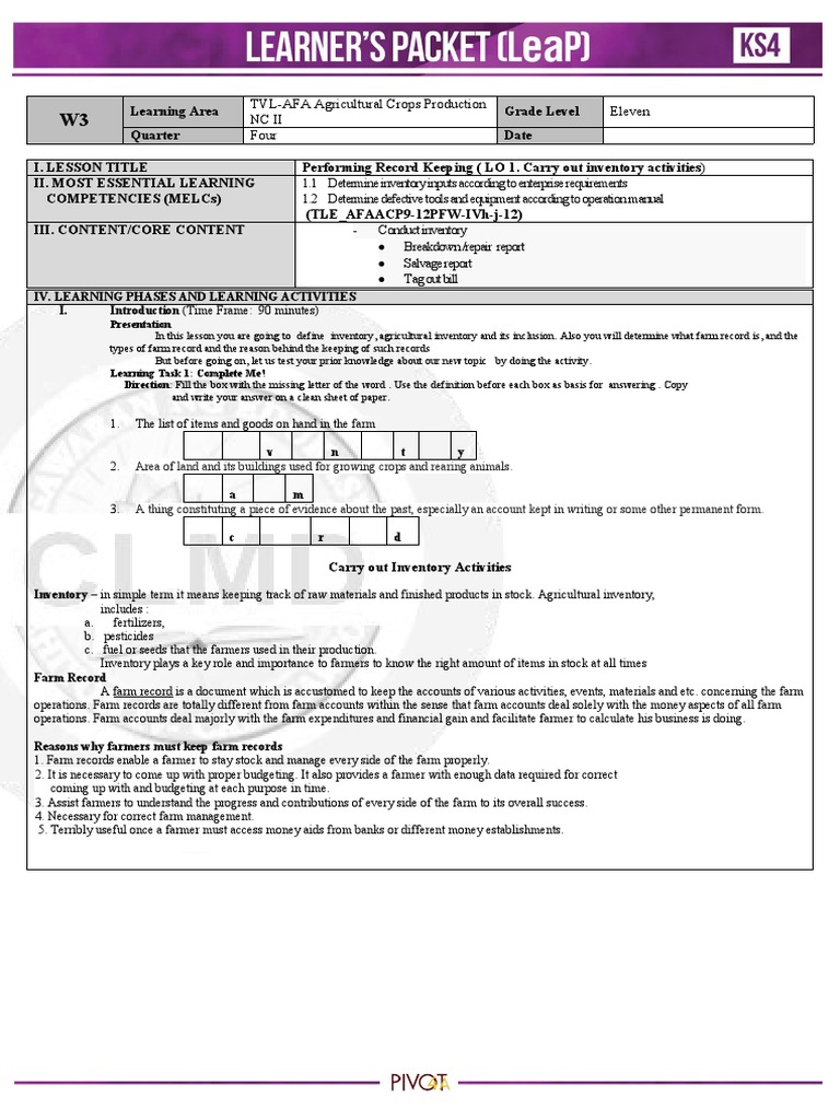 KS4 LeaP TVL 11 ACP 4thQ W3 Checked | PDF | Farms | Inventory