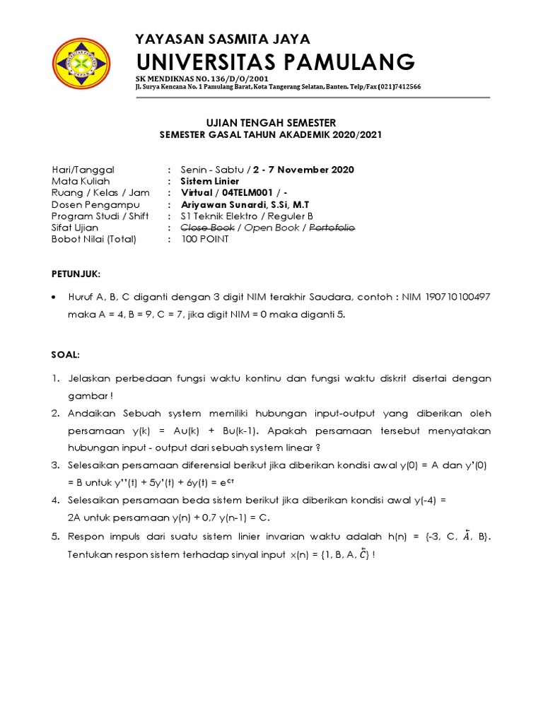 UTS Sistem Linier Online | PDF | Metode & Bahan Ajar | Sains & Matematika