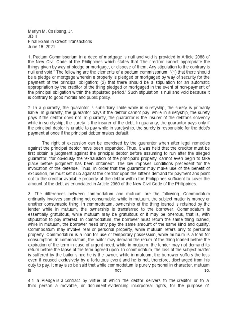 Analysis of Key Concepts in Credit Transactions: Pactum Commissorium ...