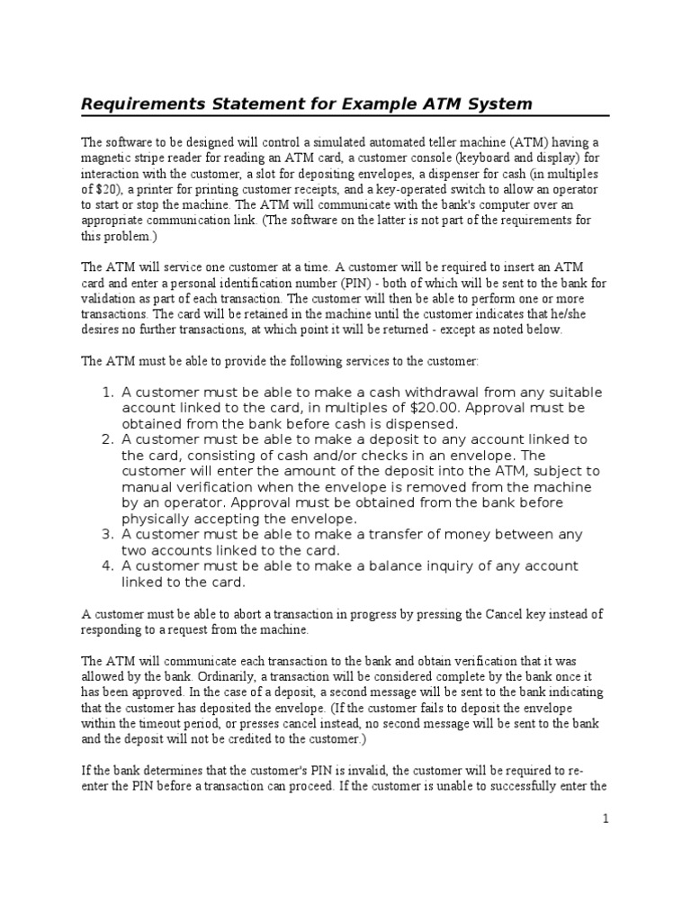 Requirements Statement For Example ATM System | PDF | Automated Teller ...