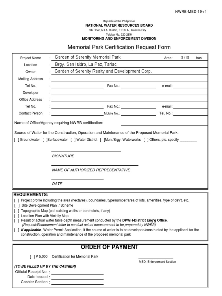 Memorial Park Certification Request Form | Download Free PDF | Water ...